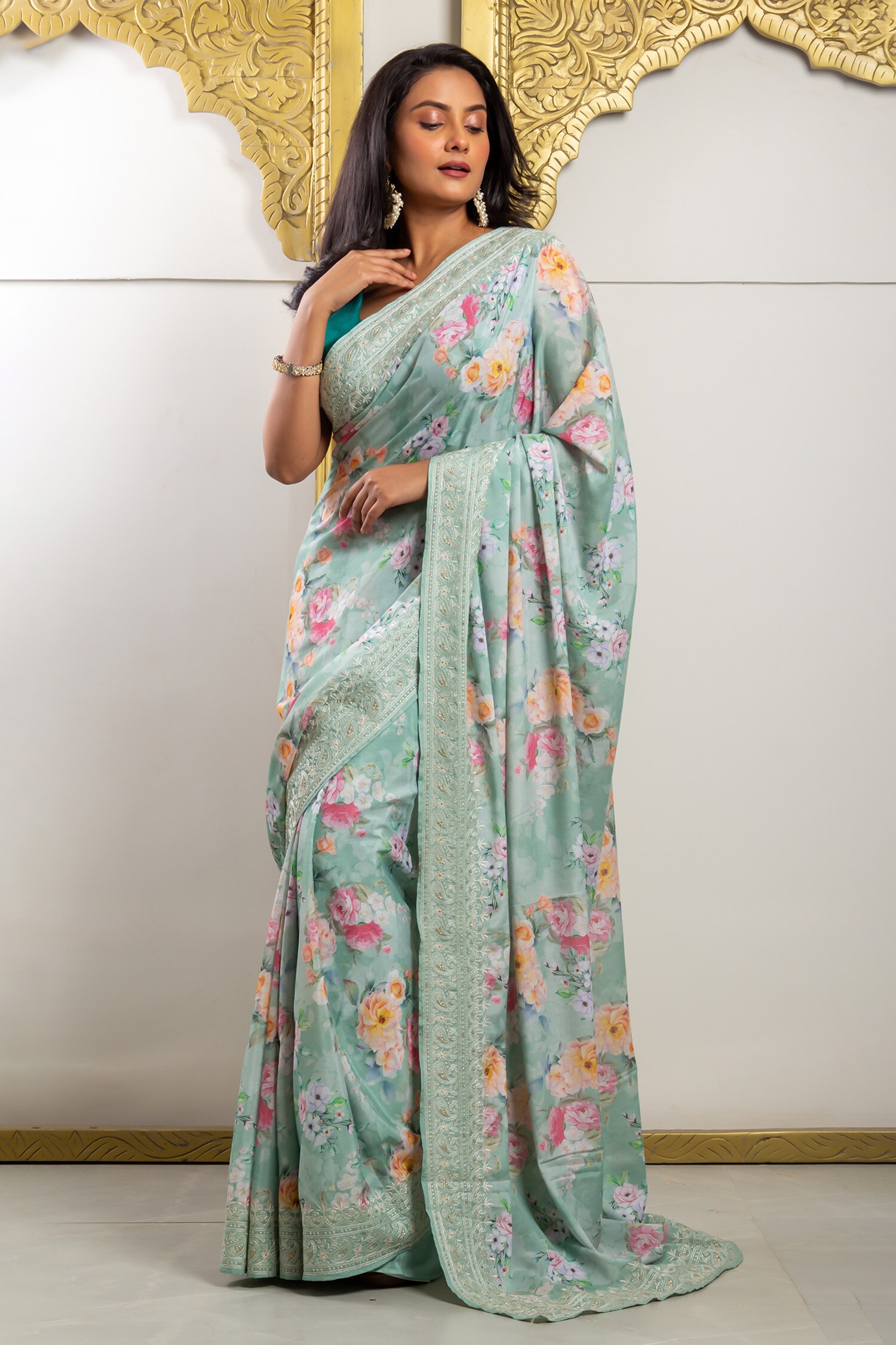 Buy Green Tussar Roseate Garden Print Saree With Unstitched Blouse ...