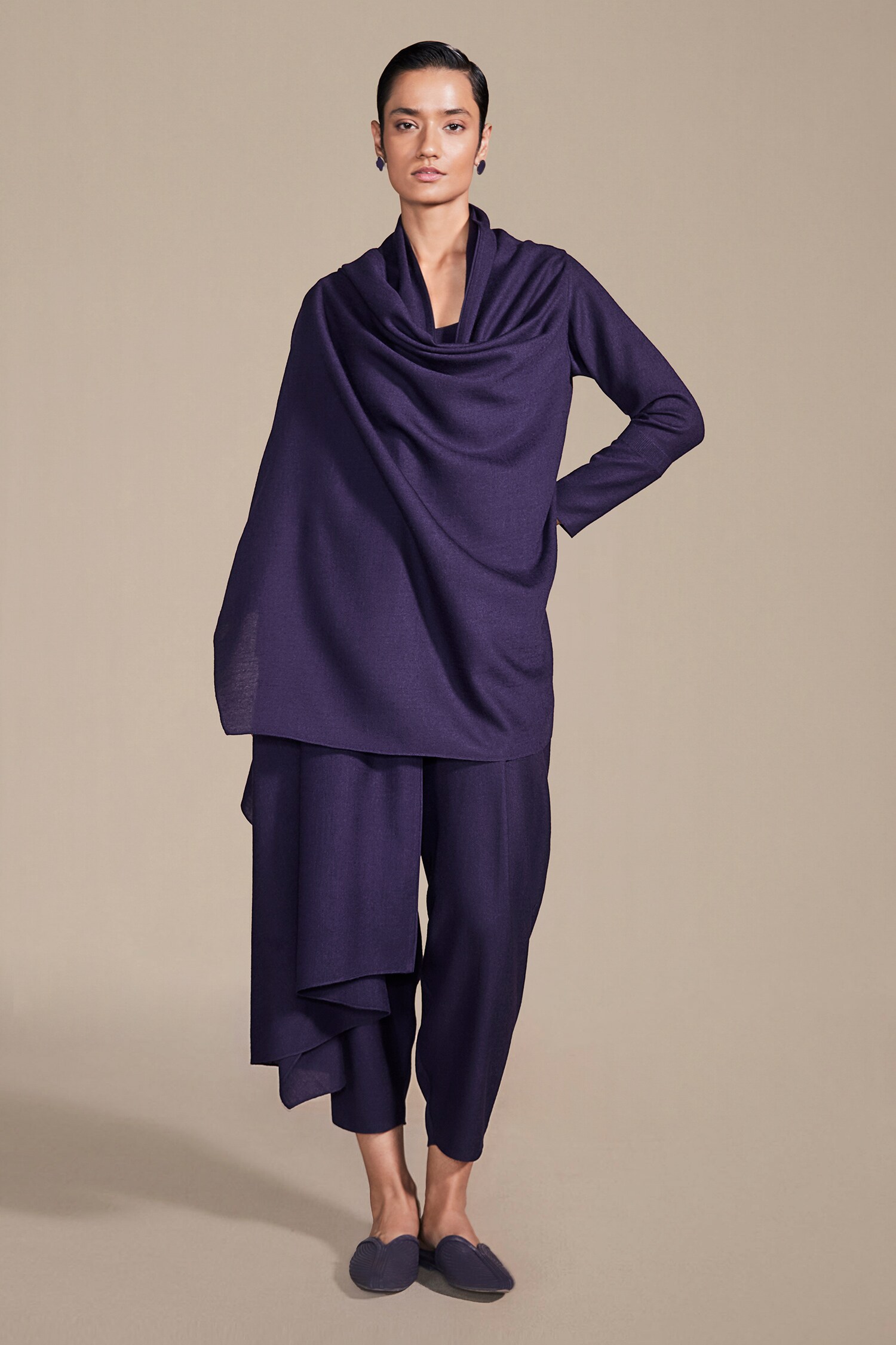 Buy Purple Cape: Thin Wool Embroidered Rib Textured Cape: Open Pant Set ...