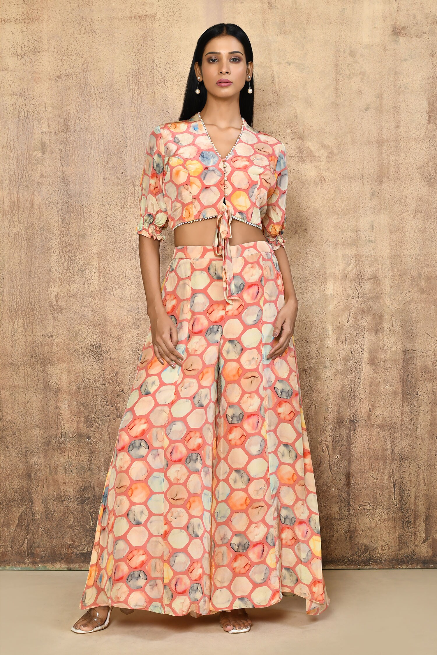 Buy Peach Crepe Printed Abstract V-neck Geometric Crop Top With Palazzo ...