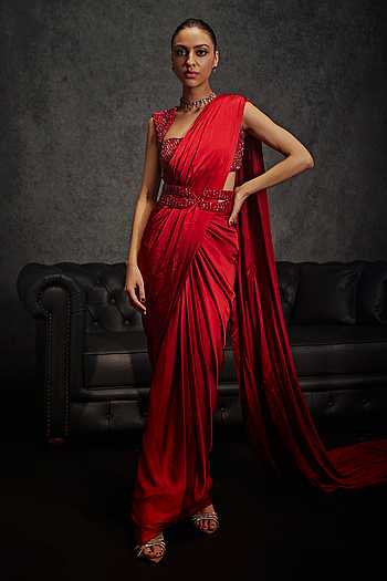 Buy Red Satin Crystals Phoenix Pre-draped Saree Encrusted Blouse Set ...