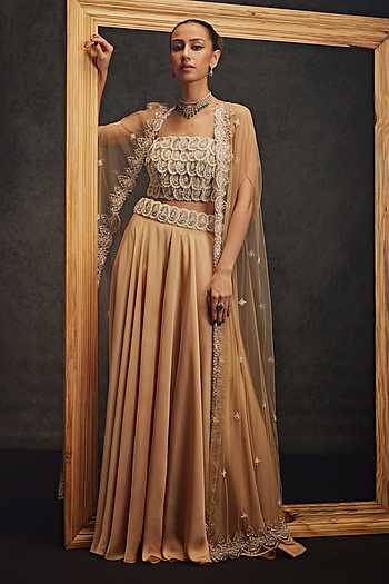 Buy Beige Net Pearl Supermoon Moti Scallop Embellished Cape Gharara Set ...