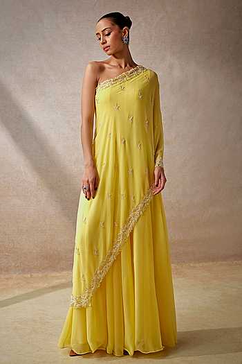 Buy Yellow Georgette Embroidery Pearl Sunkissed Vine Garden Jumpsuit ...