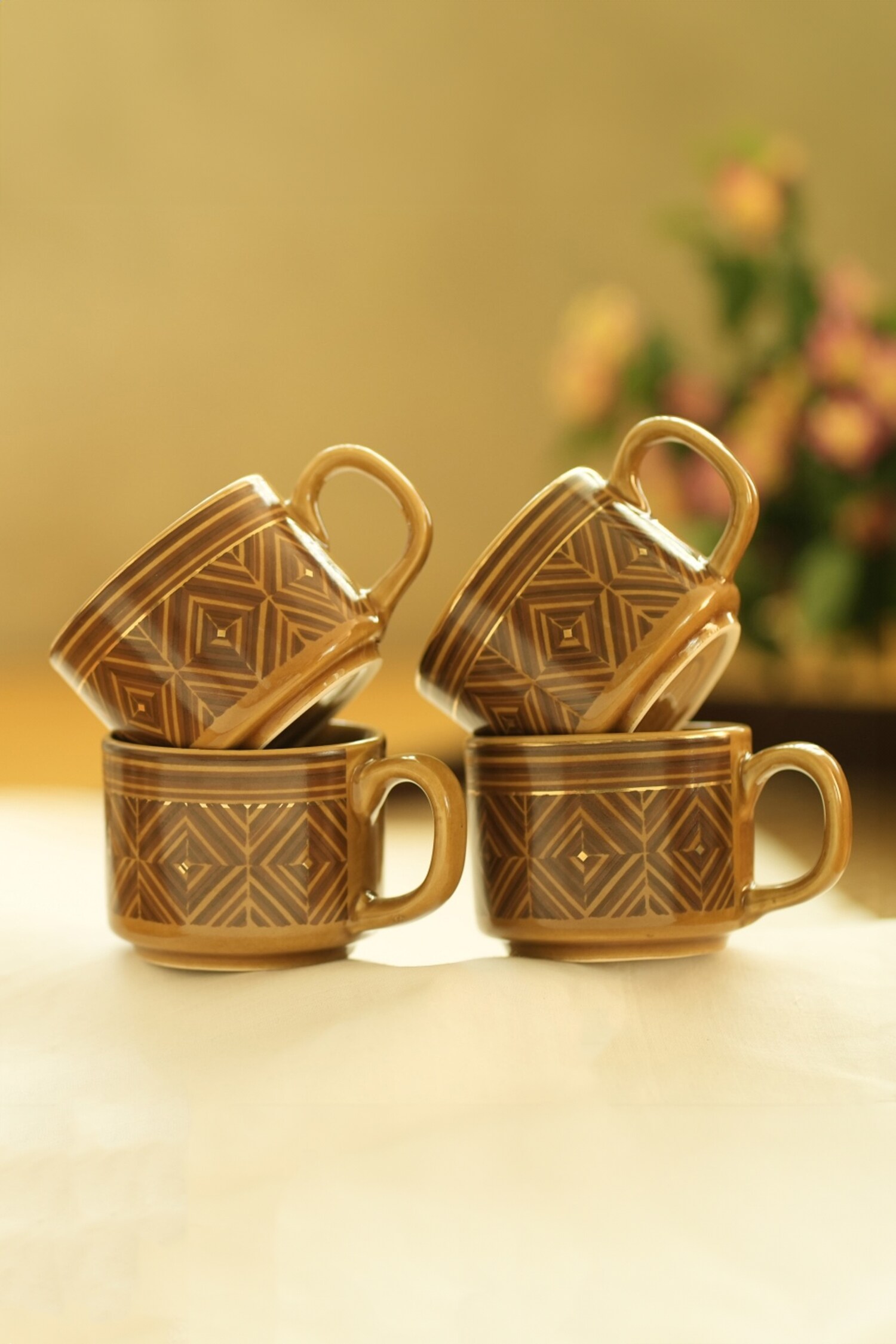Buy Yellow Ceramic Geometric Pattern Cups - 4 Pcs by COURTYARD Online ...