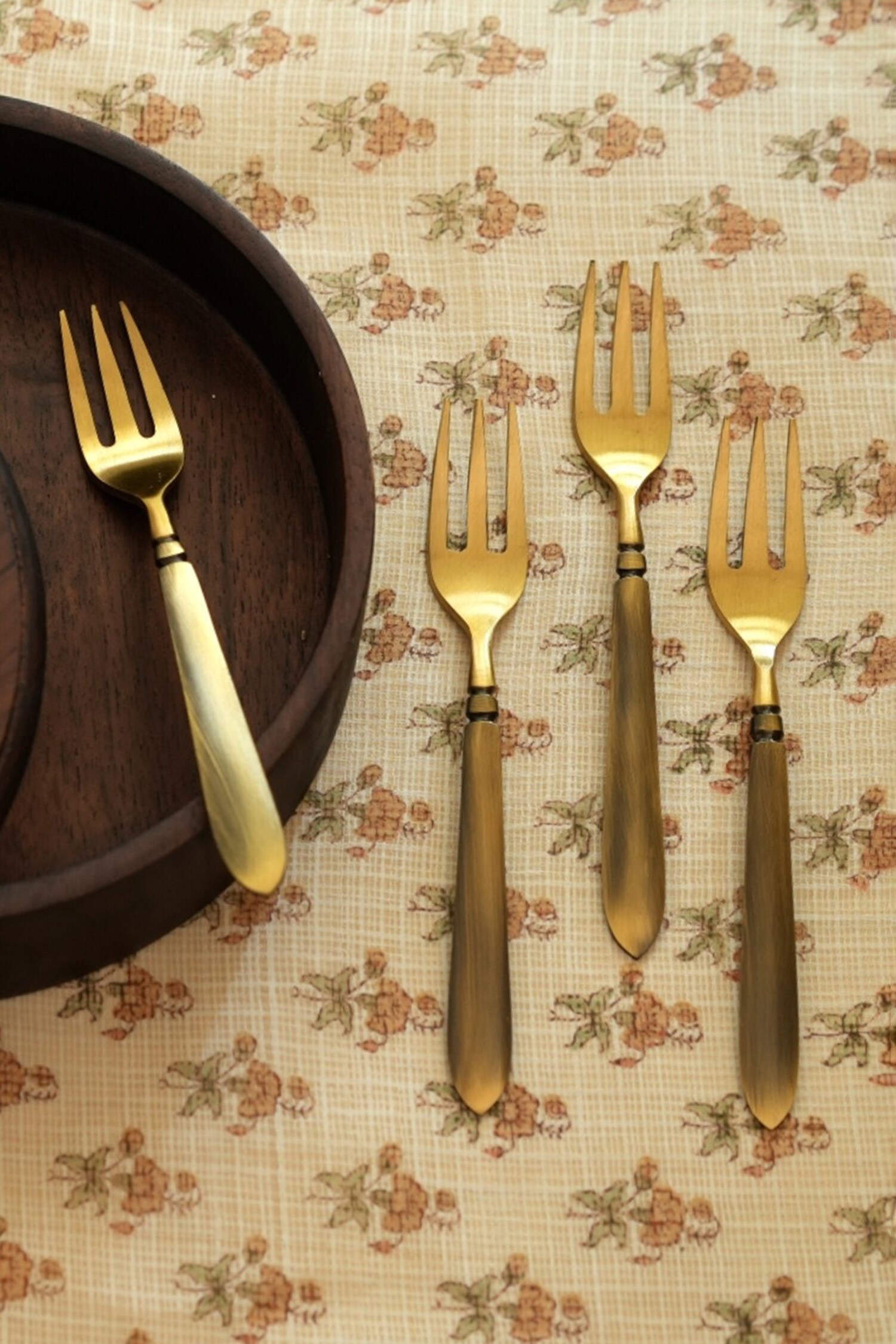 Buy Gold Brass Carved Reti Dessert Fork - Set Of 4 by COURTYARD Online at Aza Fashions.