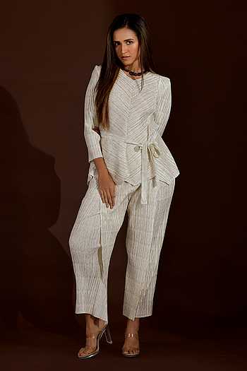 Buy Ivory 100% Polyester V Neck Metallic Top Pant Set For Women by ...