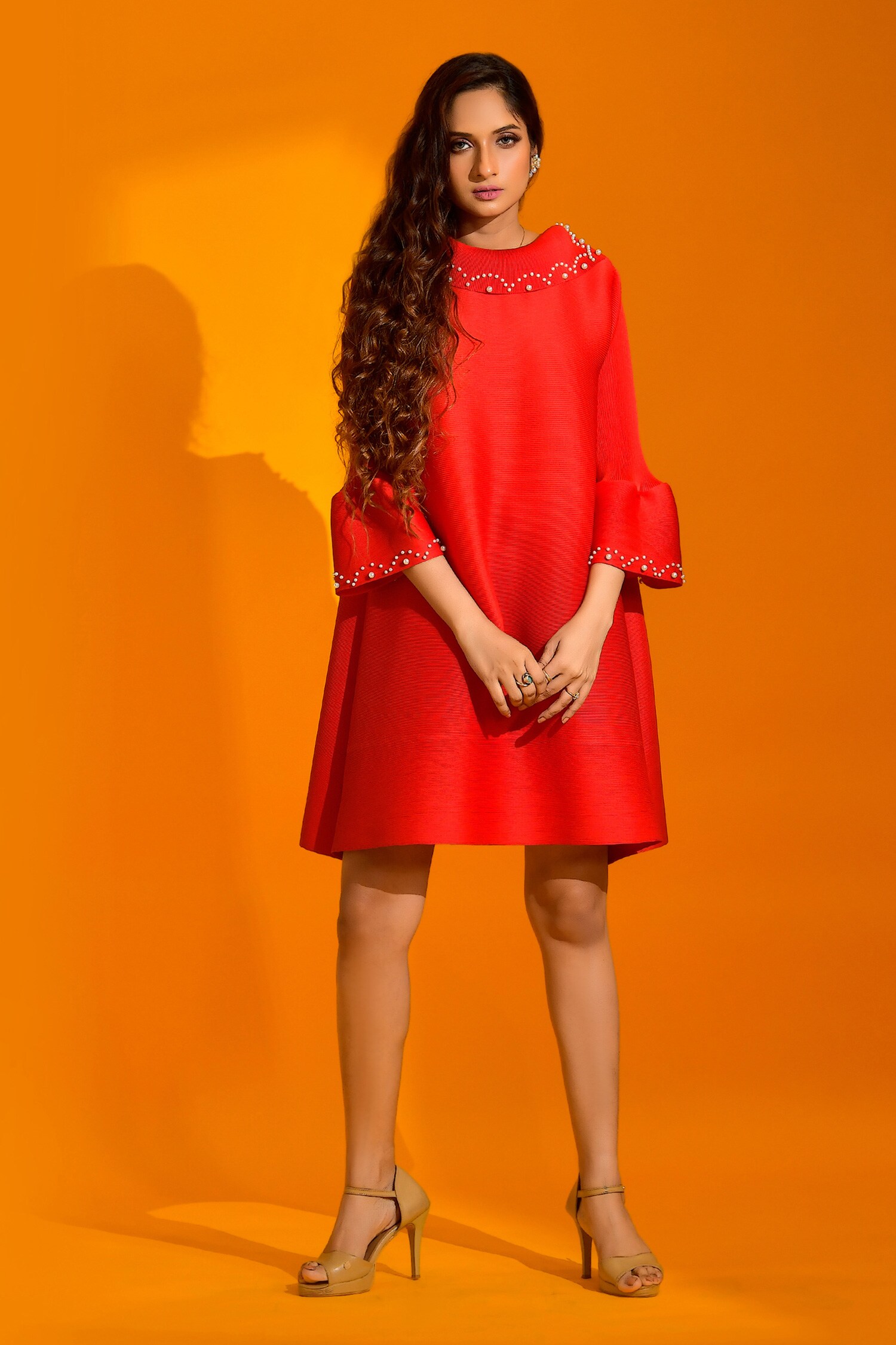 Buy Red 100% Polyester Turtle Pearl Work Dress For Women by Crimp ...