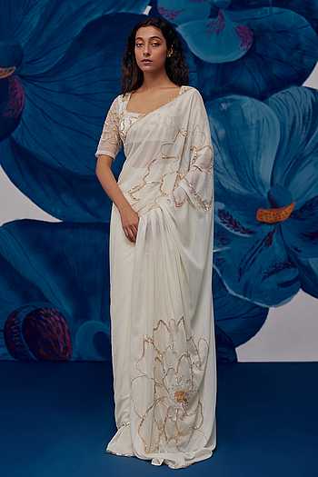 Buy Ivory Soft Georgette Embroidered Floral Pre-draped Saree With ...