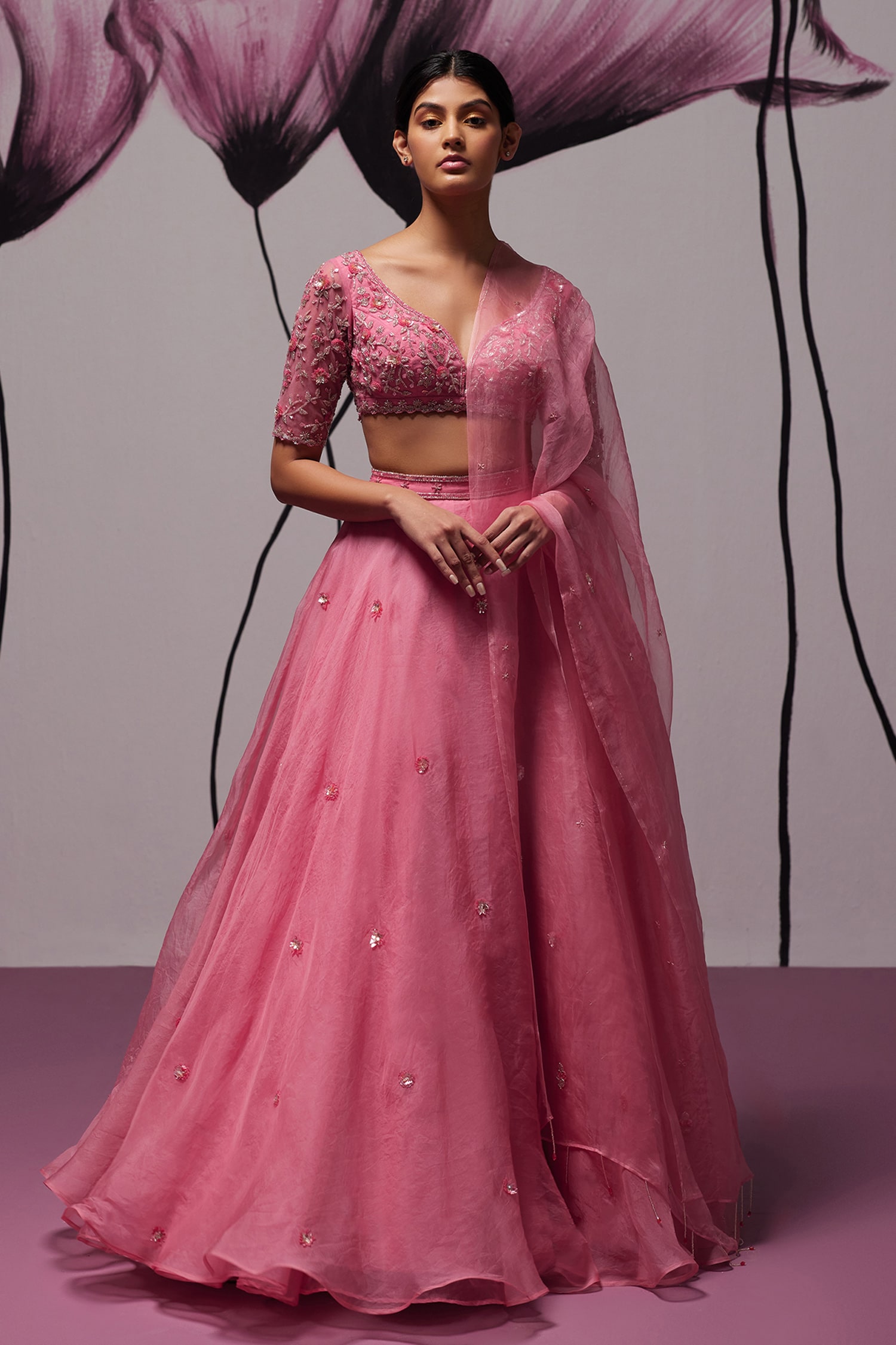 Buy Pink Blouse Crepe Embroidered Sequin V-neck Floral Butti Lehenga ...