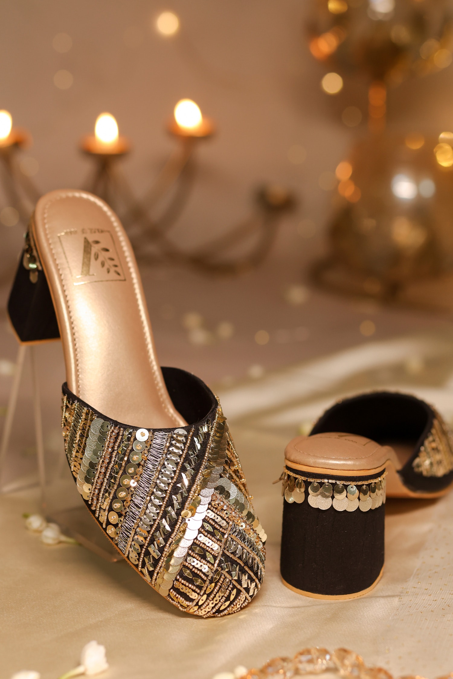 Buy Black Sequin Naaz Bead Embellished Mule Heels by House of Vian ...