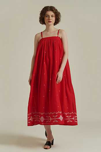 Buy Red 100% Cotton Handwoven Jamdani Geometric Royale Xxvi Dress For ...