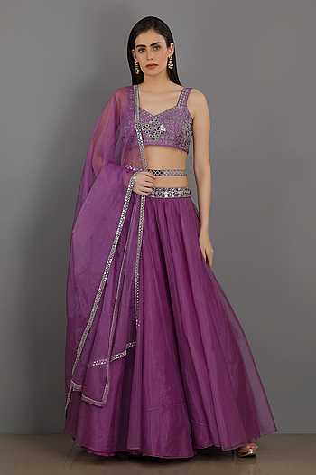 Buy Purple Linen Sweetheart Neck Embroidered Lehenga Set For Women by ...