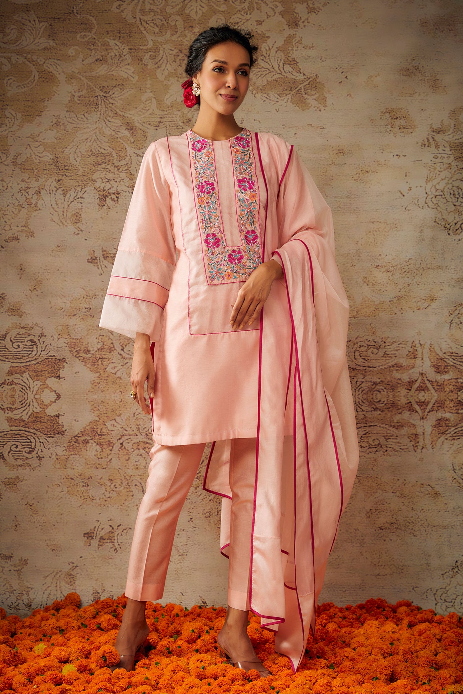 Buy Peach Pure Handwoven Chanderi Zardozi Embroidery Round Kurta Pant Set For Women by The Aarya ...