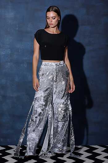 Buy Black Embroidered Round Crop Top And Flared Pant For Women by ...