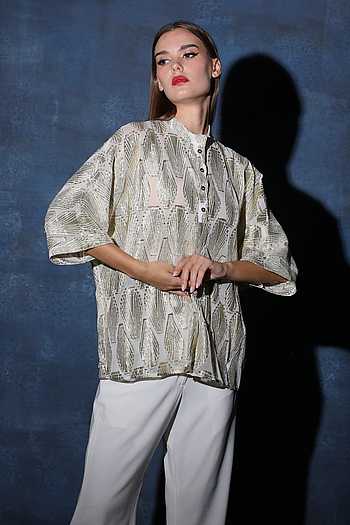 Buy Beige Georgette Chinese Collar Oversized Shirt Top For Women by ...