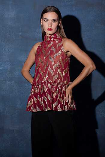Buy Maroon Georgette Halter Neck Frilled Hem Top For Women by Swatee ...