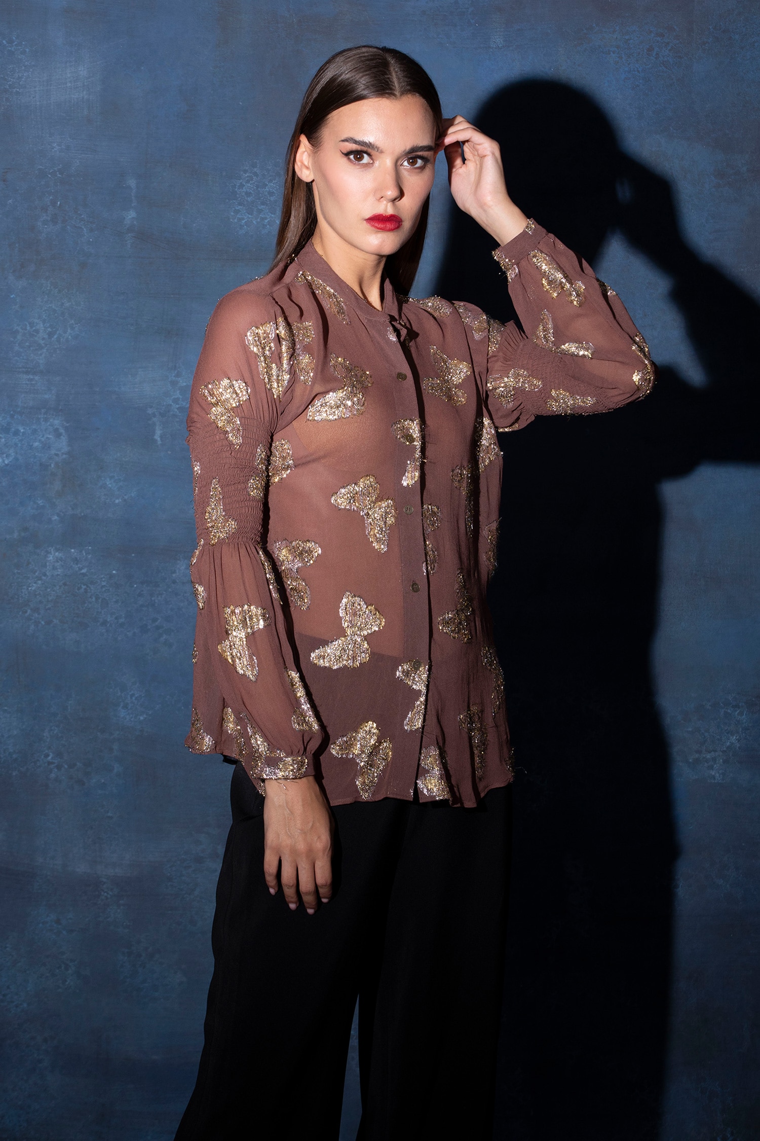 Buy Brown Georgette Collared Smocked Sleeve Butterfly Motif Top For ...