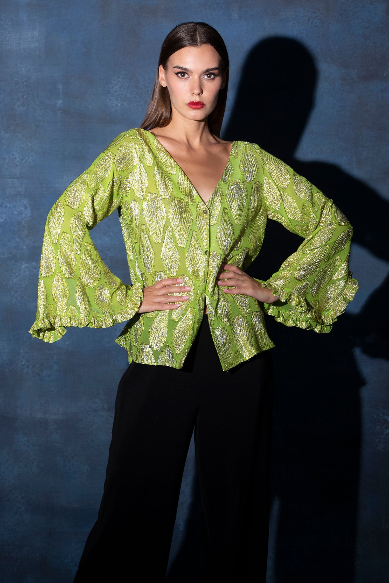 Buy Green Georgette V Neck Flared Sleeve Top For Women by Swatee Singh ...