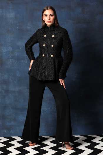 Buy Black Georgette Turtle Neck Embellished Blazer Top For Women by ...