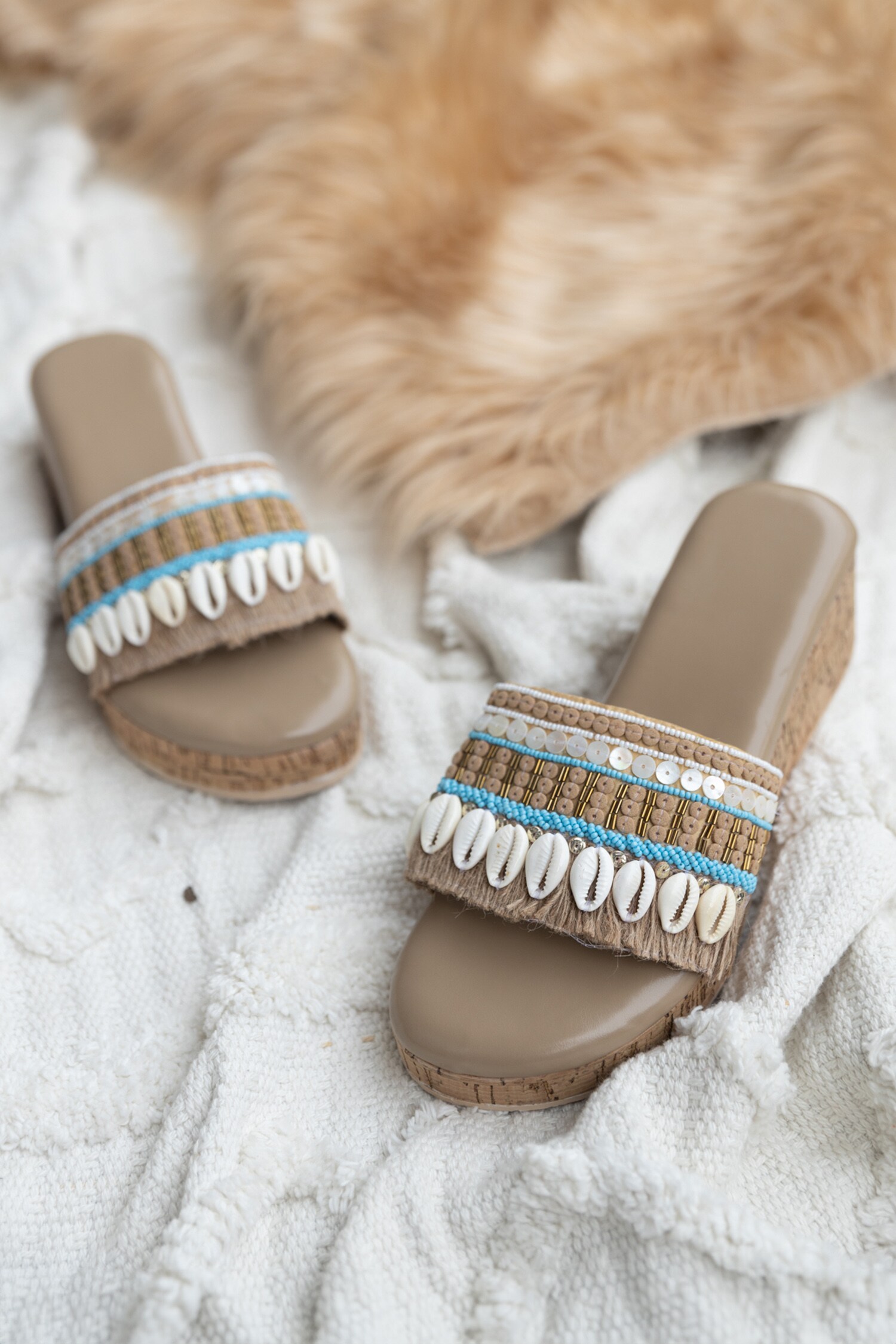 Buy Beige Embellished Cowrie Shell Wedges by Jutti Express Online at ...