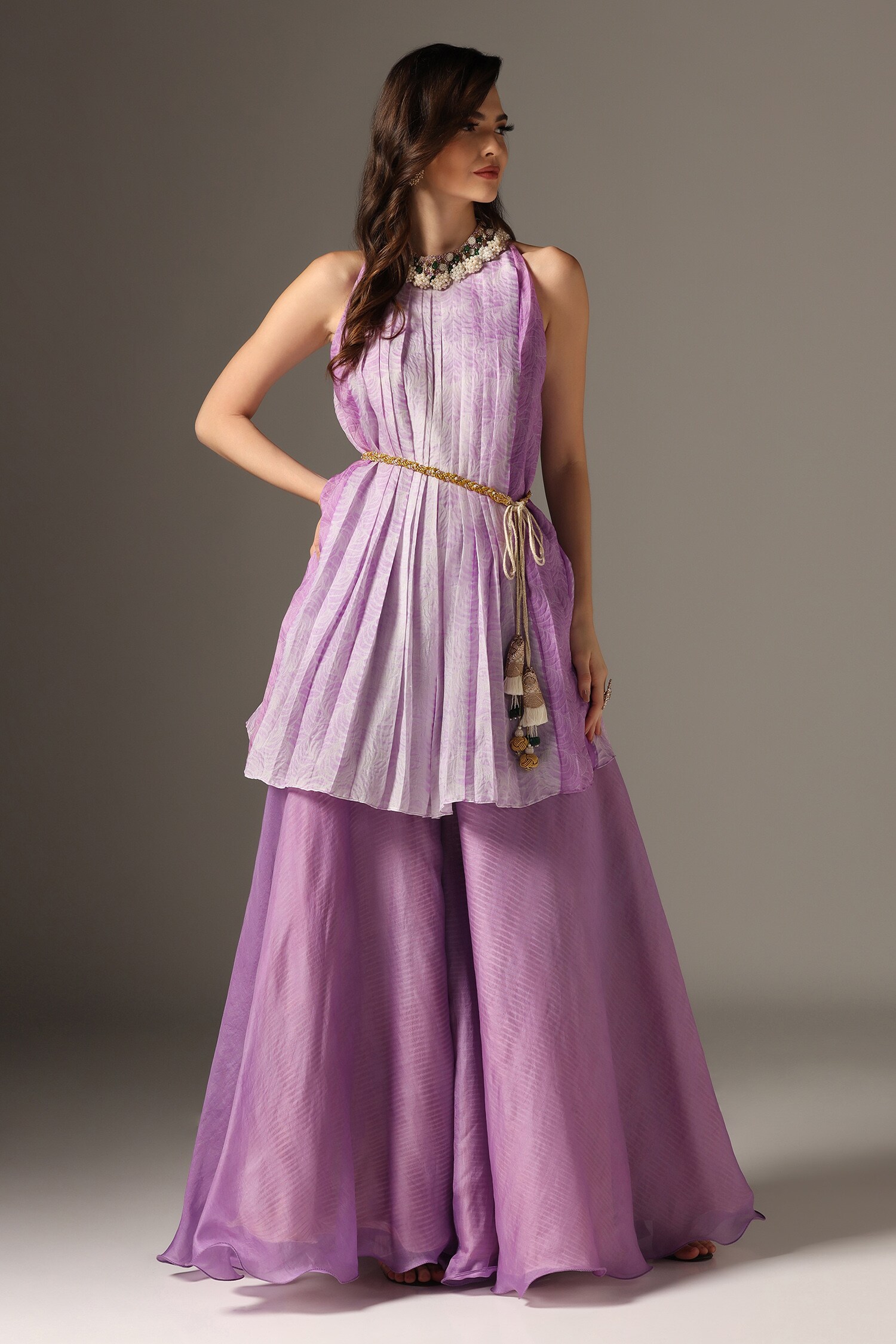 Buy Purple Organza Embroidered Shibori Pattern Pleated Kurta With Pant ...