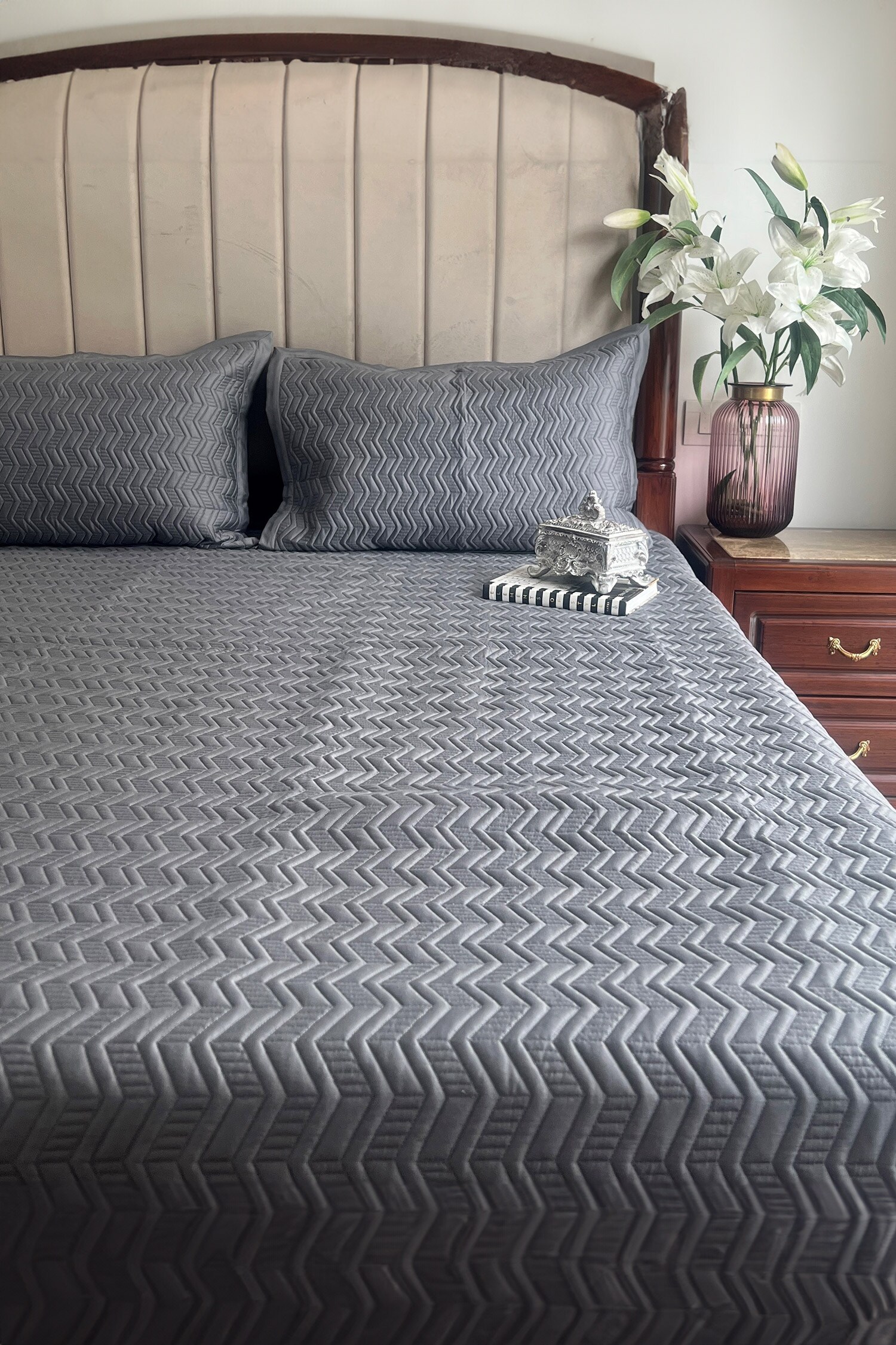 Buy Grey 100% Cotton Donna Quilted Reversible Bedspread Set by Sadyaska ...