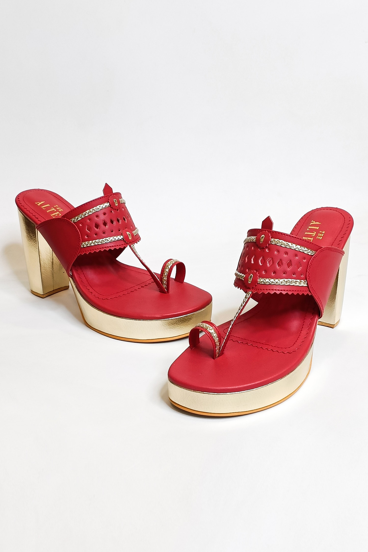 Buy Red Gia Plain Braided Kolhapuri Block Heels by THE ALTER Online at ...