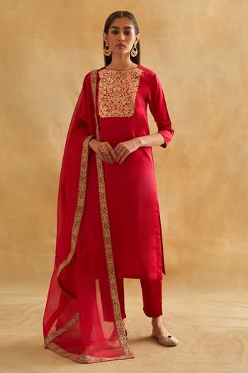 Buy Red Kurta And Pant: Katan Silk Handwoven Round Floral Pattern Set ...