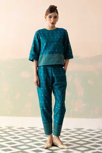 Buy Blue Pure Silk Bloom Woven Round Banarasi Buti Short Top With Pant ...