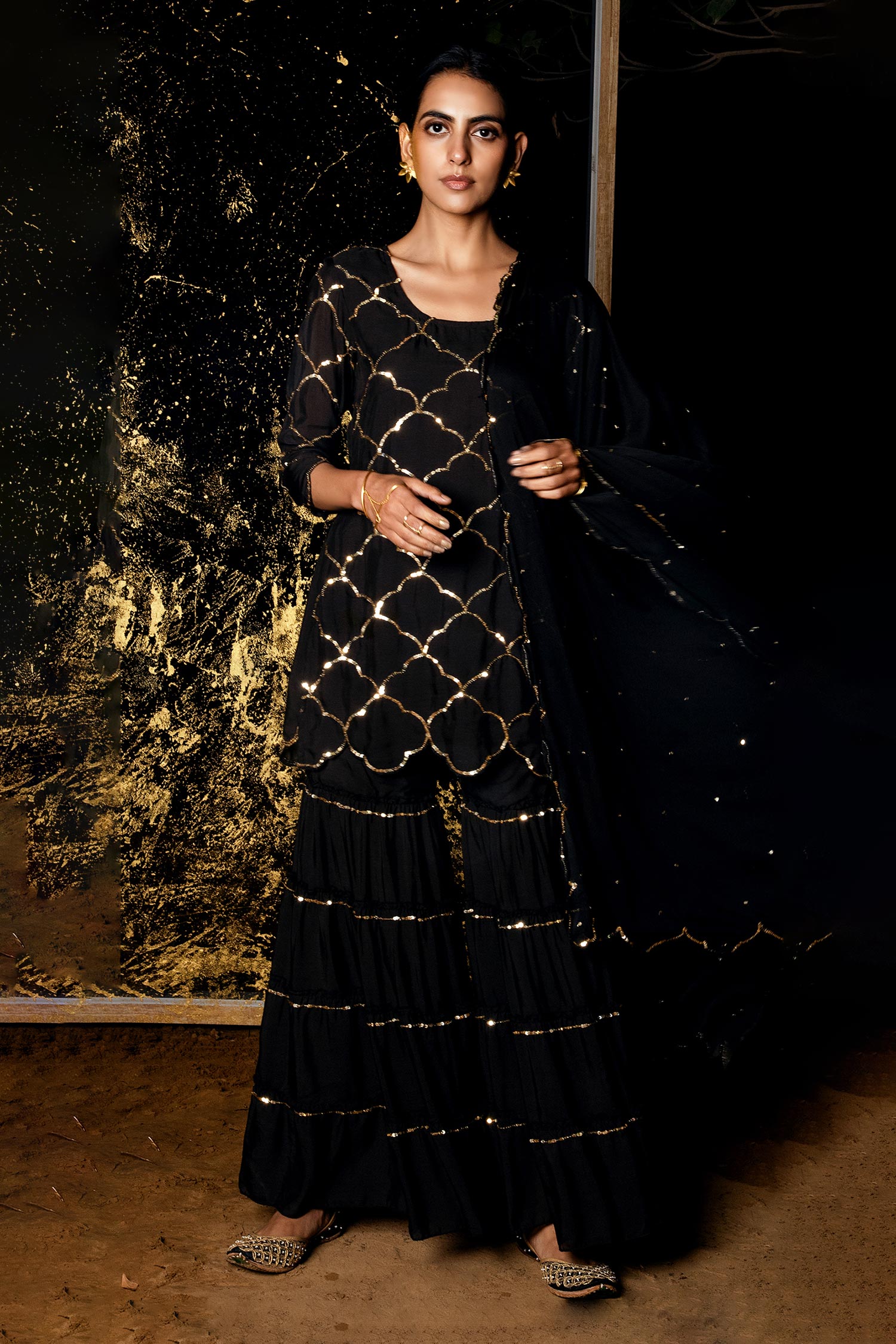 Buy Black Muslin Silk Hand Embroidered Hand-dye Round Short Kurta ...