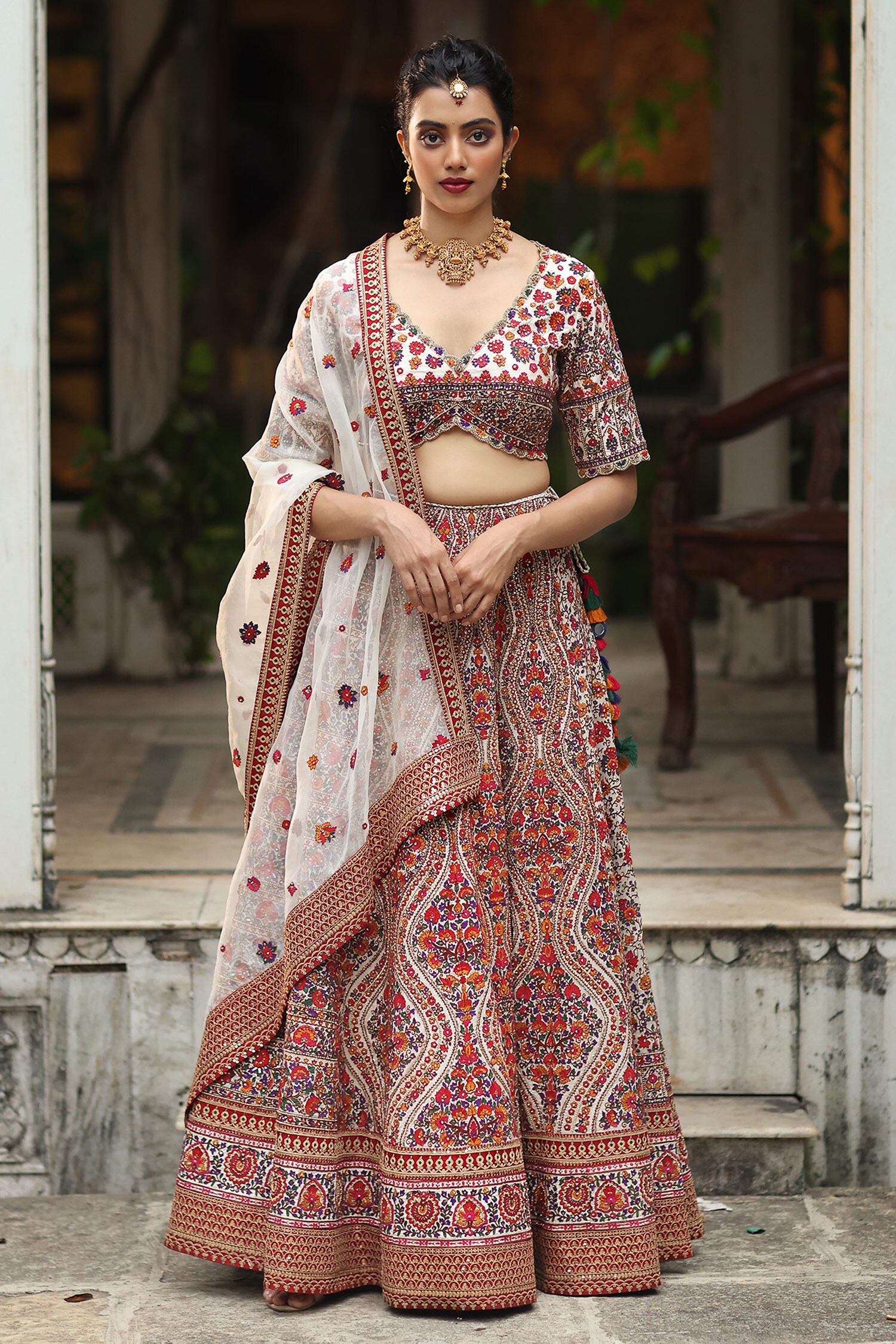 Buy Ivory Slub Silk Embroidery Thread V Neck Resham Lehenga Set For ...