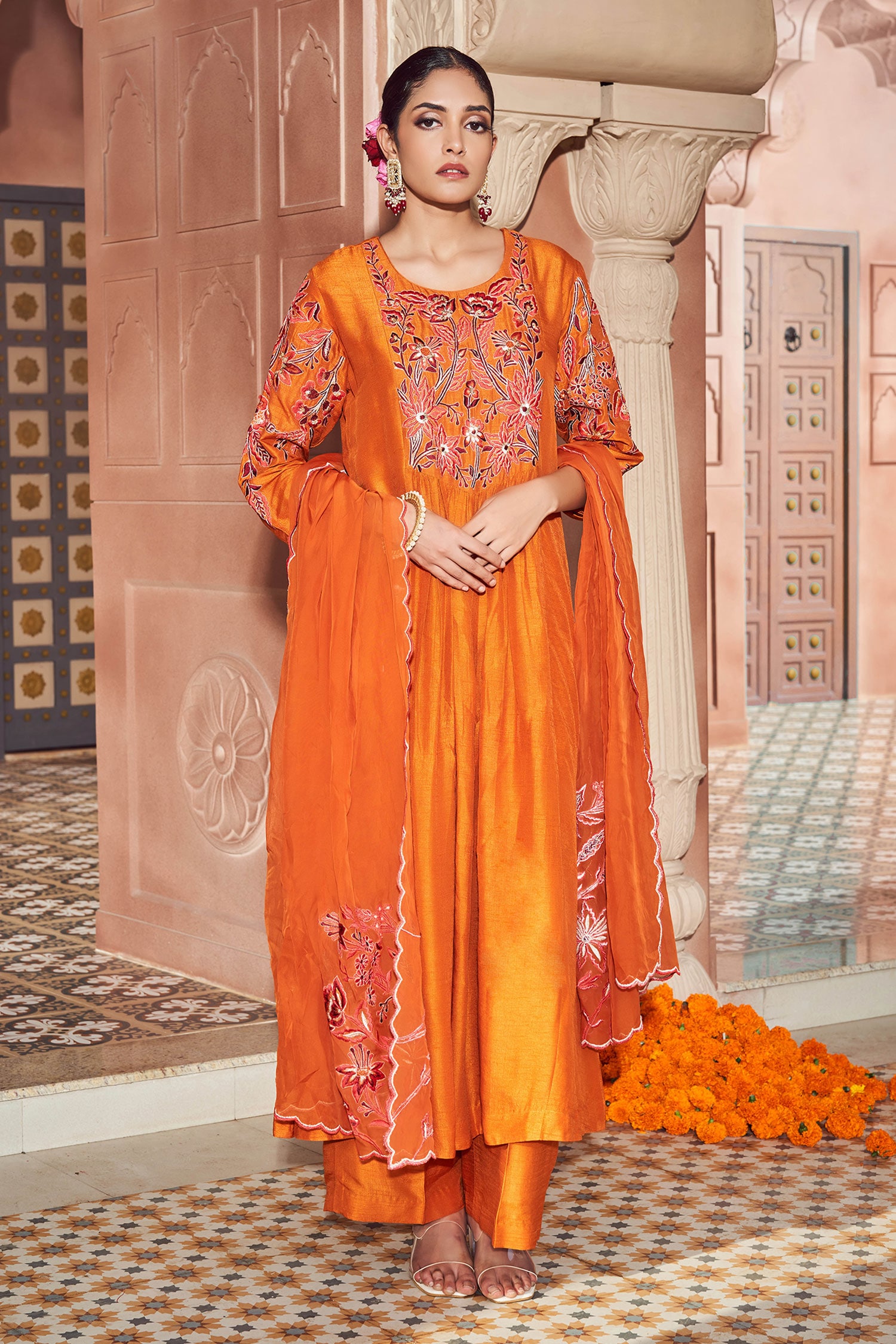 Buy Orange Bemberg Silk Hand Embroidered Floral Round Kurta Pant Set ...