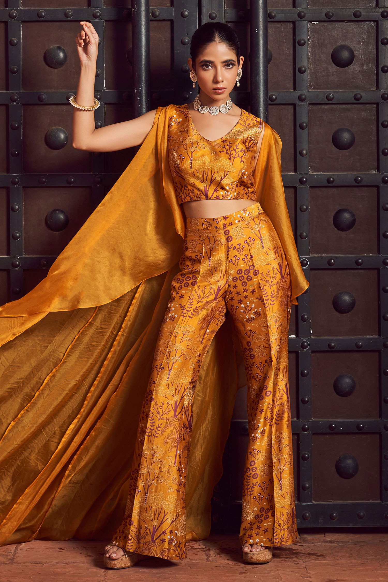 Buy Yellow Bemberg Silk Printed Floral V Neck Pant Set With Jacket For ...