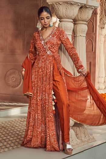 Buy Orange Bemberg Silk Printed Floral V Neck Anarkali Pant Set For ...
