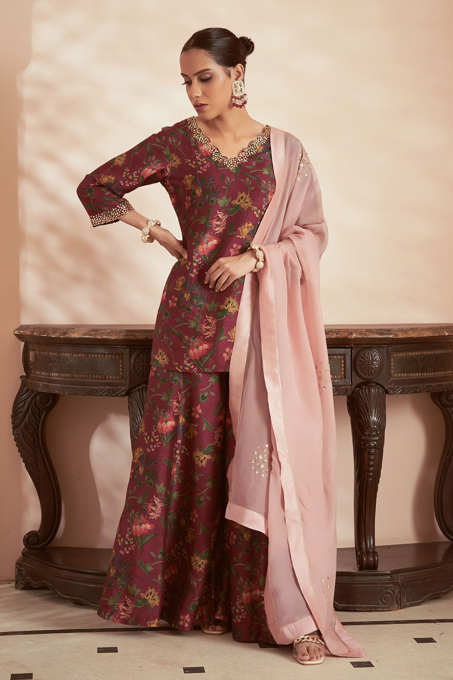 Buy Pink Bemberg Silk Printed Floral V Neck Kurta Sharara Set For Women ...
