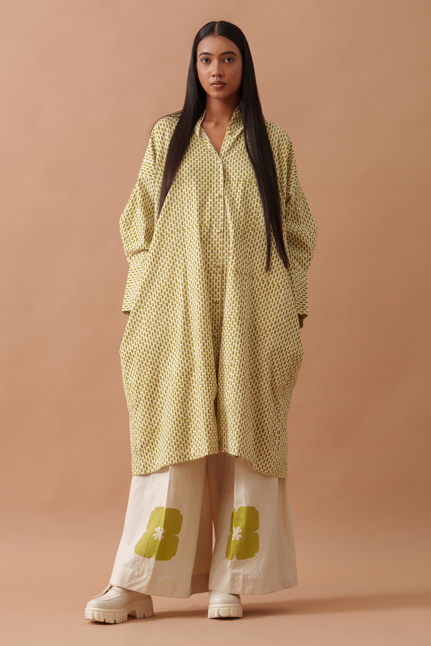 Buy Green Handwoven Cotton Hand Block Print Notched V Iris Midi Dress ...