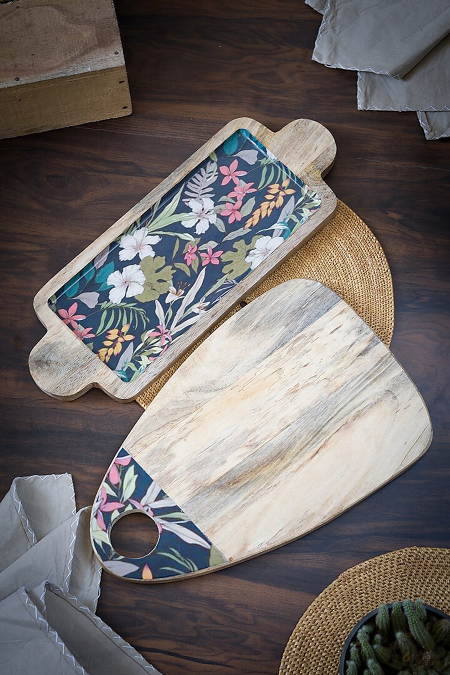 The Modern Storey Grey Mango Wood Printed Floral And Bird Serving Platter