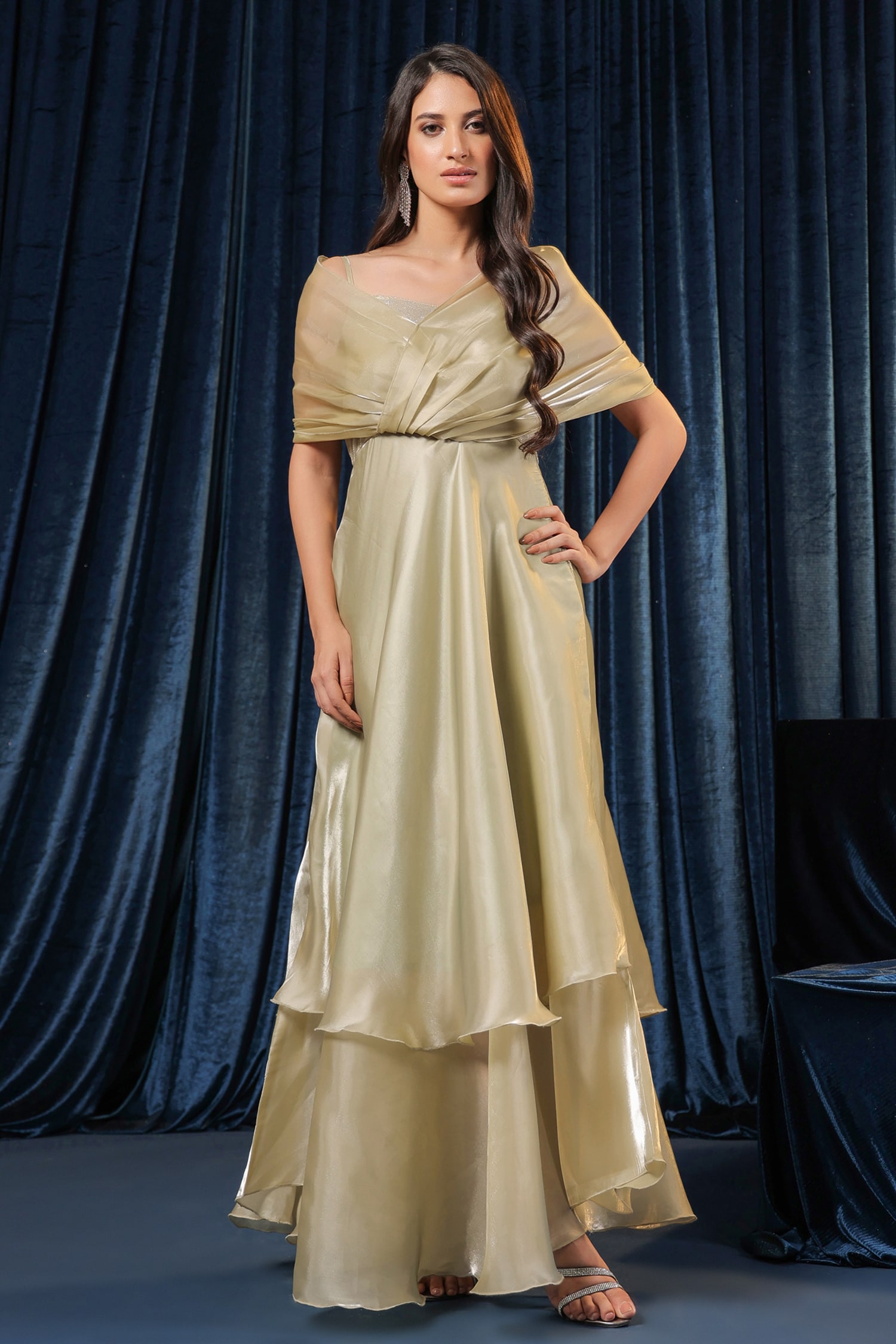 Buy Green Organza Plain Broad V Neck Gleam Aura Flow Dress For Women by ...