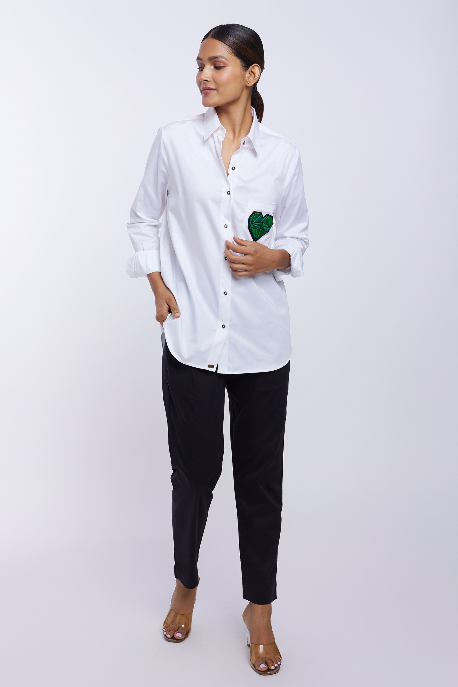 Buy White Cotton Satin Embroidered Thread Shirt Collar Heart For Women ...