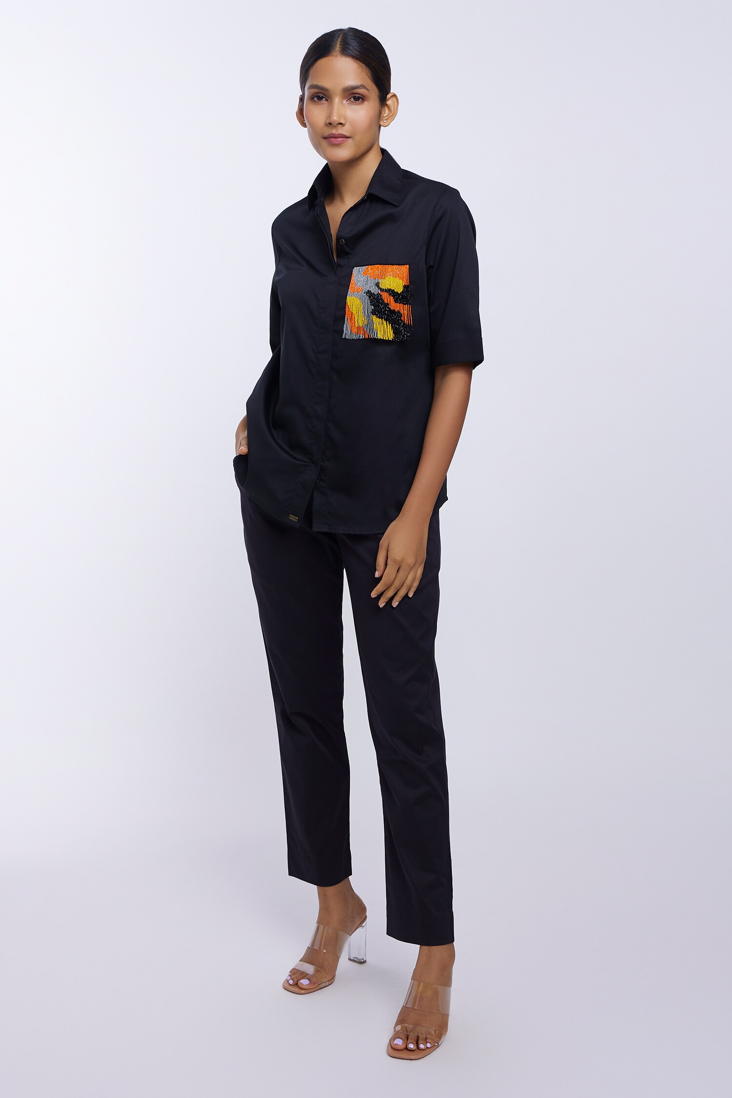 Buy Black Cotton Satin Embroidered Thread Shirt Collar Pocket For Women ...