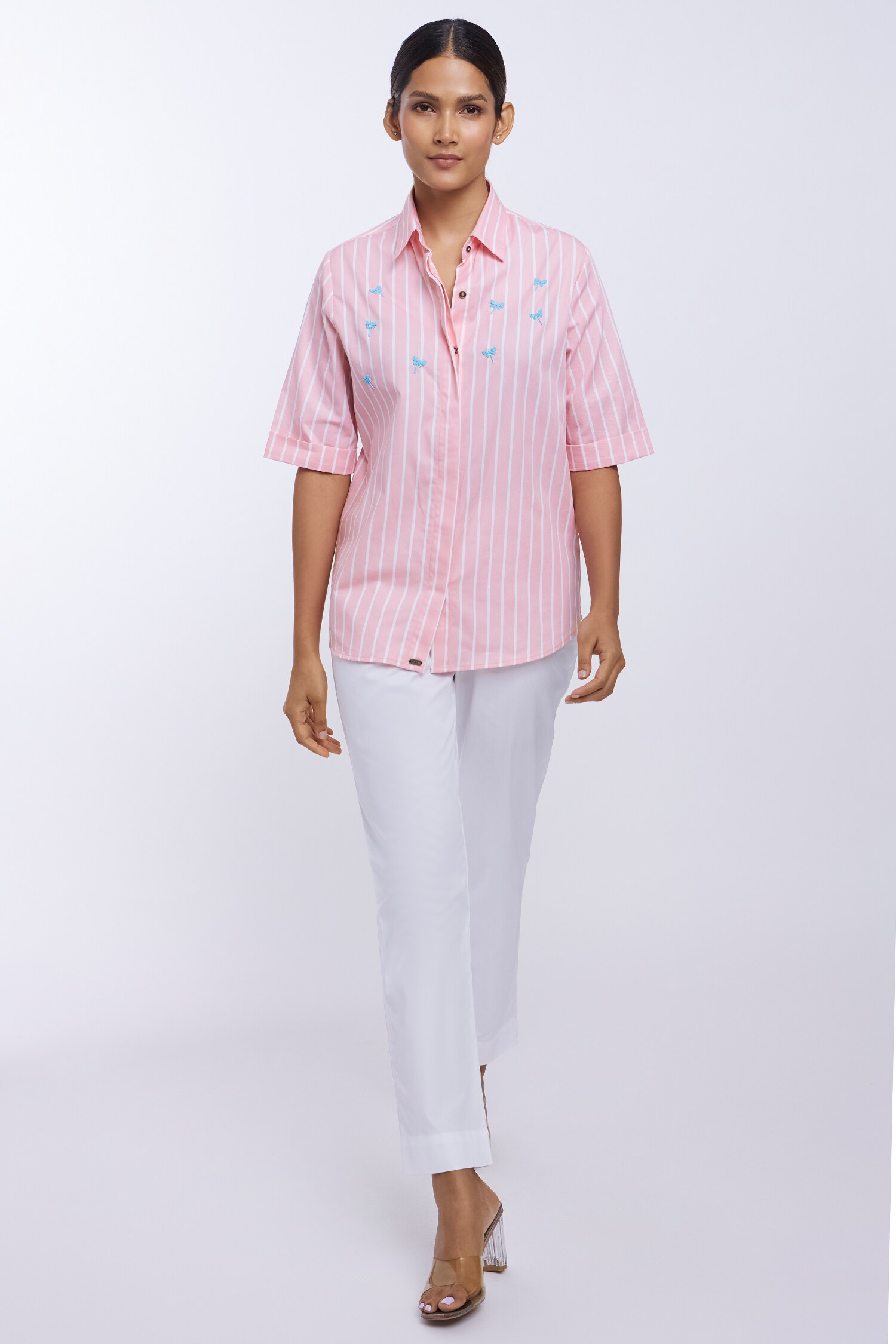 Buy Peach Cotton Satin Embroidered Cutdana Shirt Collar Dragonfly For ...