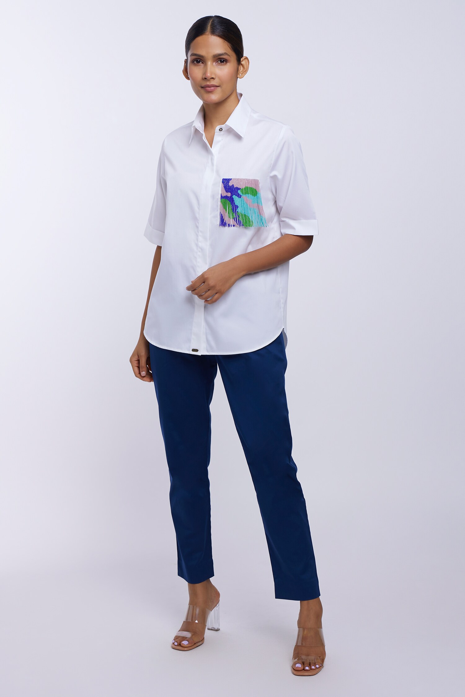 Buy White Cotton Satin Embroidered Thread Shirt Collar Taselled For ...