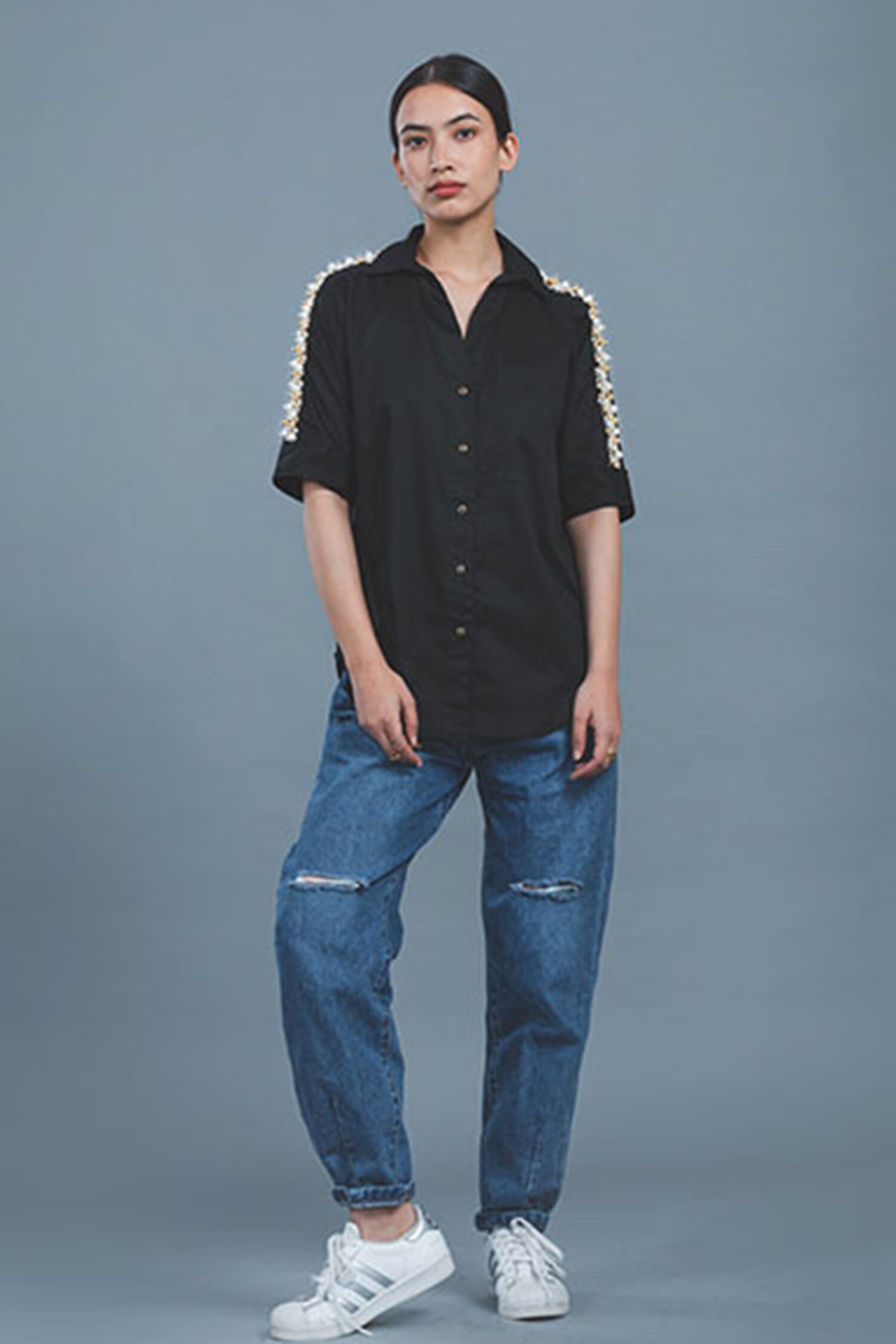 Buy Black Cotton Satin Hand Embellished Swarovski Collar Shoulder Shirt ...