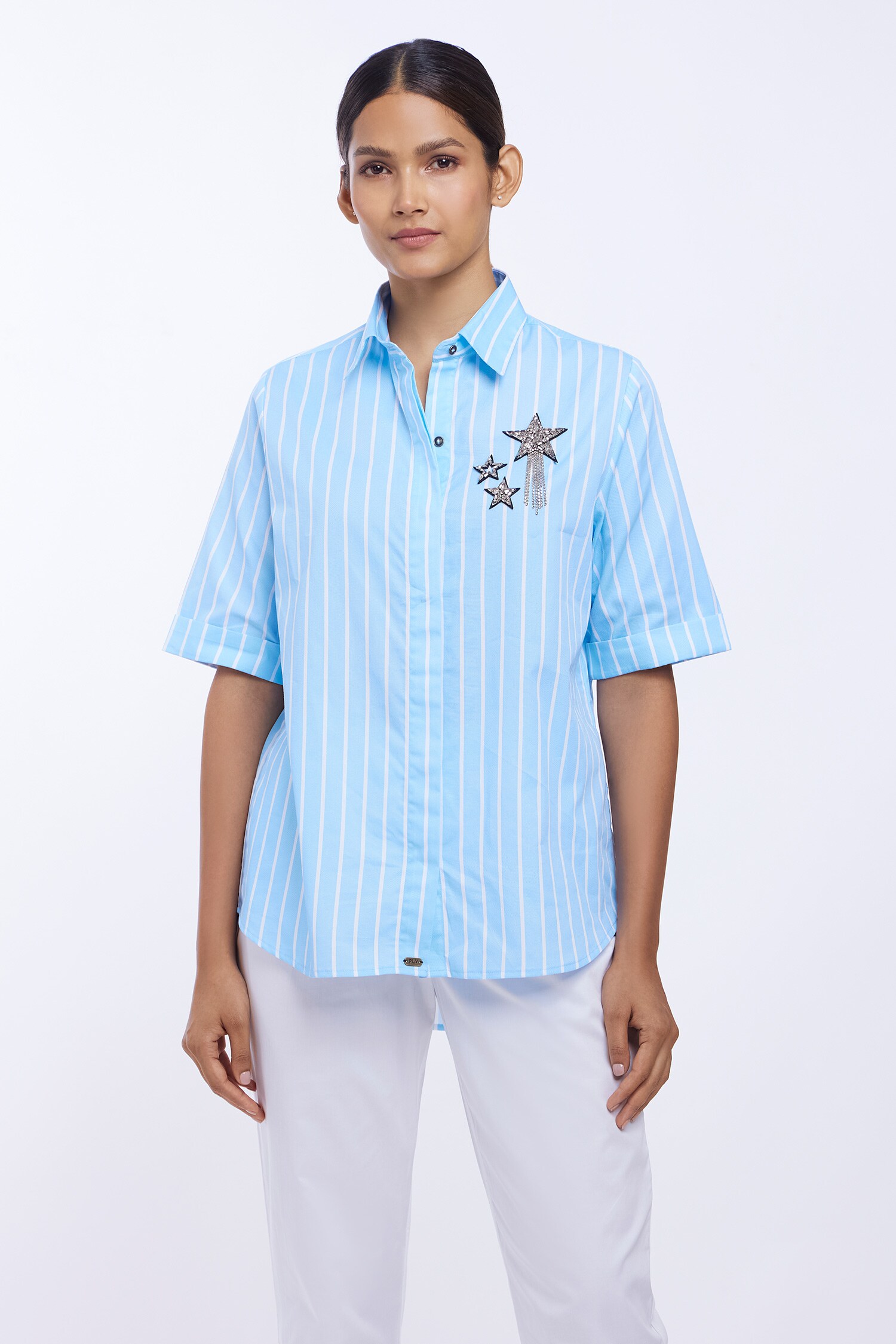 Buy Blue Cotton Satin Embroidered Stripe Shirt Collar Swaroski ...