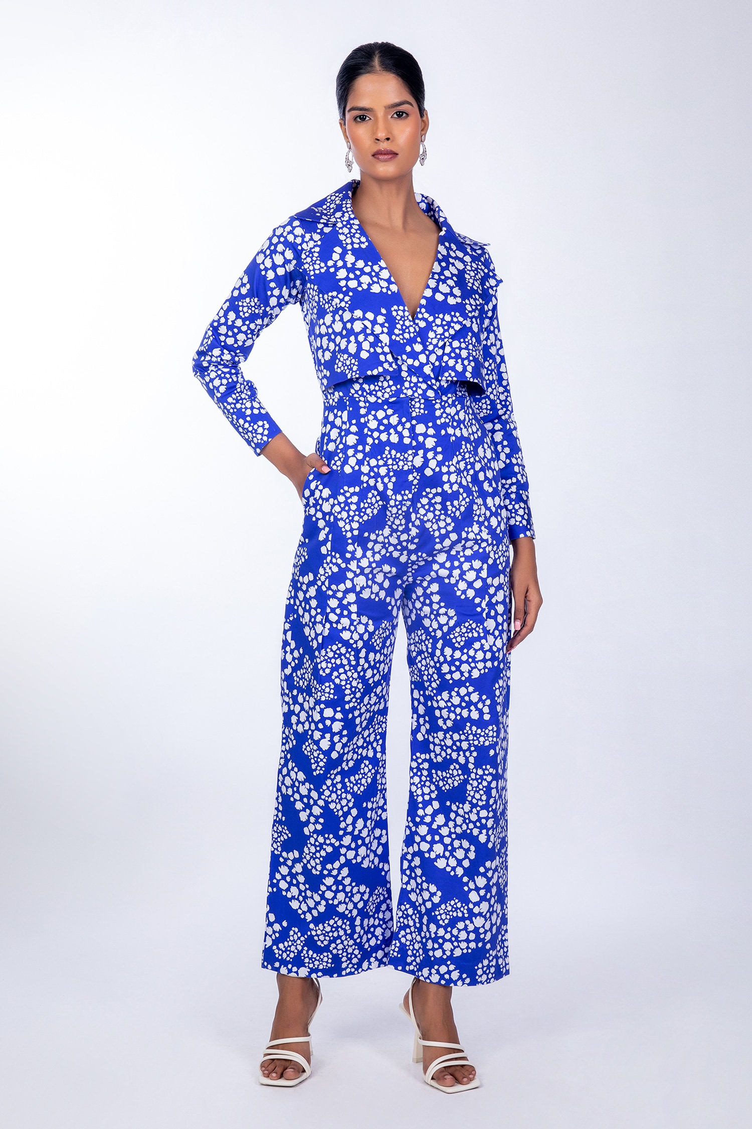 Buy Blue Cotton Satin Collared V Curved Petal Floral Pattern Jumpsuit ...