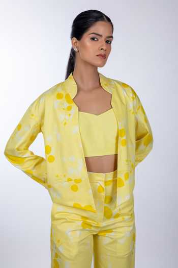 Buy Yellow Cotton Satin High Collared Infinite Buds Floral Pattern ...