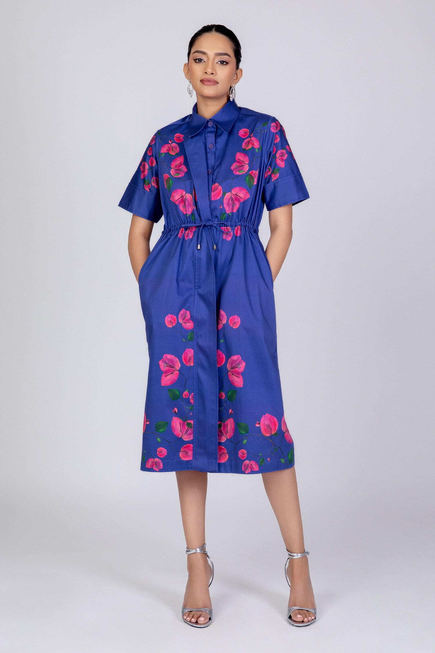 Buy Blue Cotton Satin Petal Strings Floral Pattern Shirt Midi Dress For ...