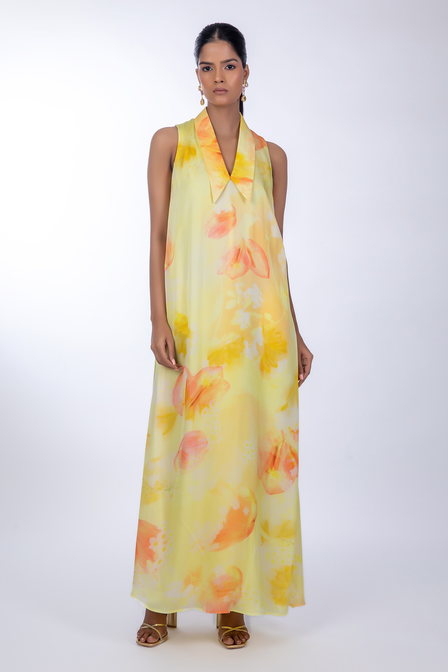 Buy Yellow Cupro Satin Printed Flower Chelsea Collar Looming Dress For ...