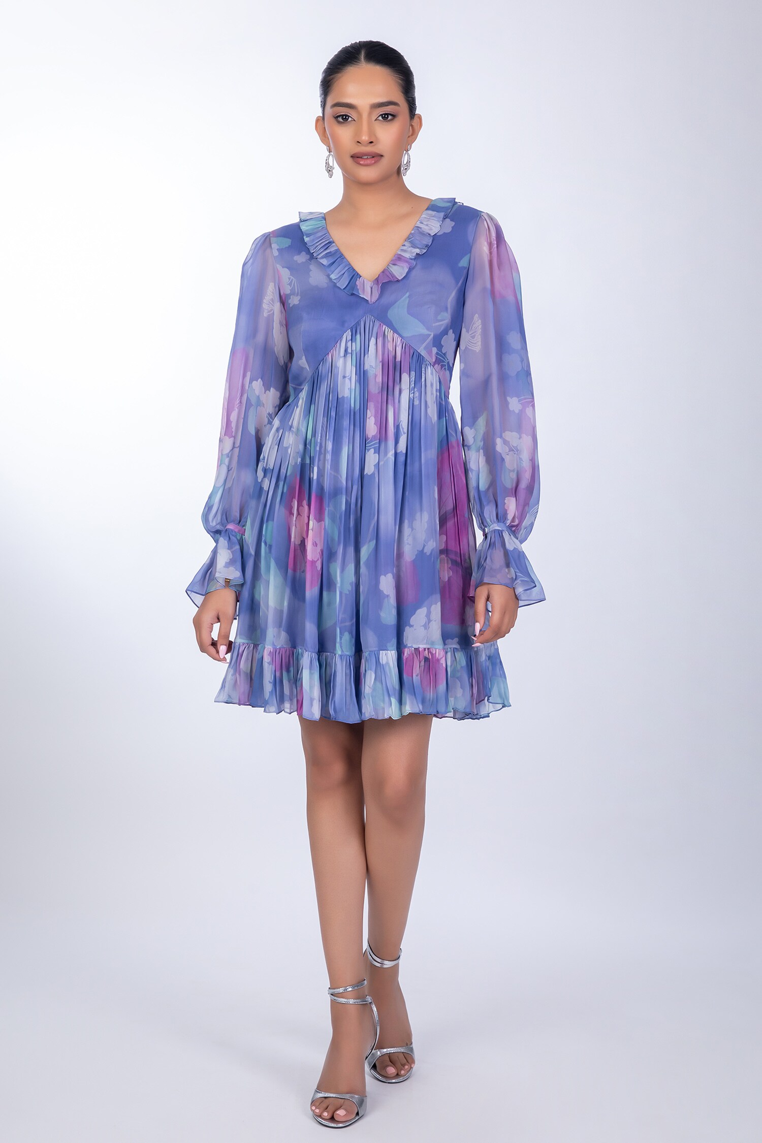 Buy Blue Flat Chiffon Printed Flower V Neck Fading Dress For Women by ...