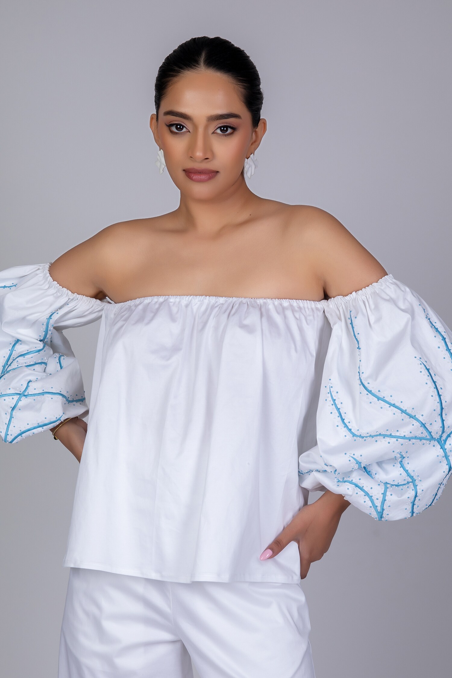 Buy White Cotton Satin Placement Embroidery Abstract Off Shoulder Top