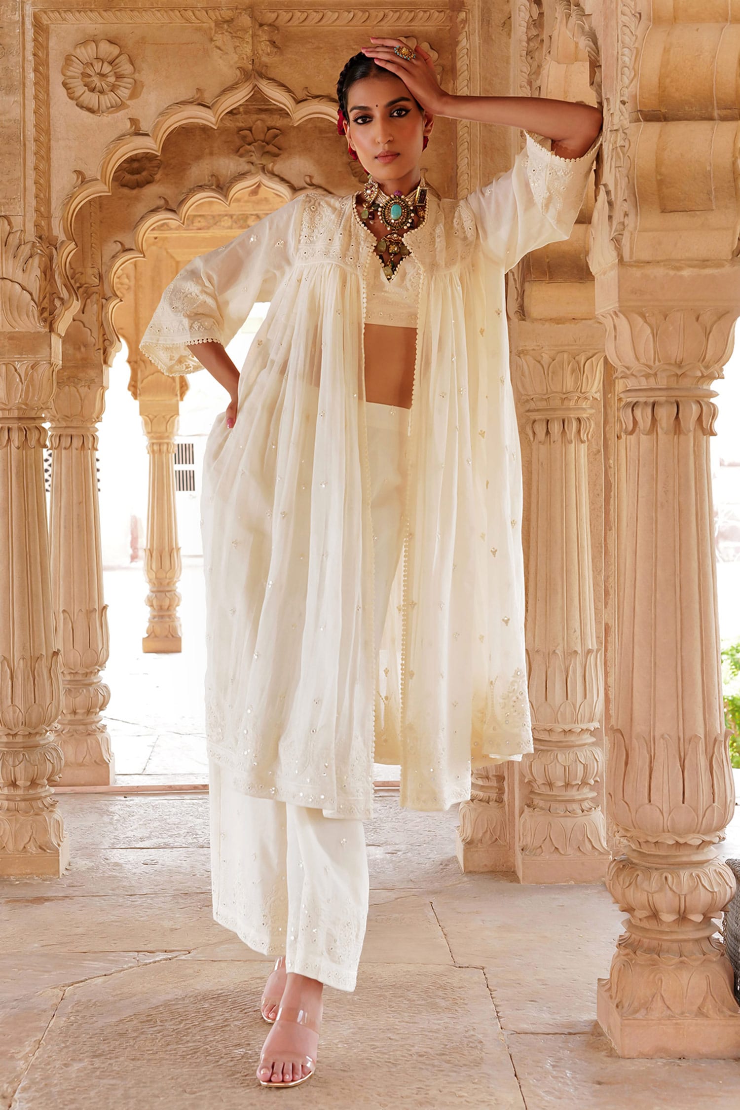 Buy Off White Cotton Mulmul Hand Embroidered Lace Mirror Palazzo Set ...